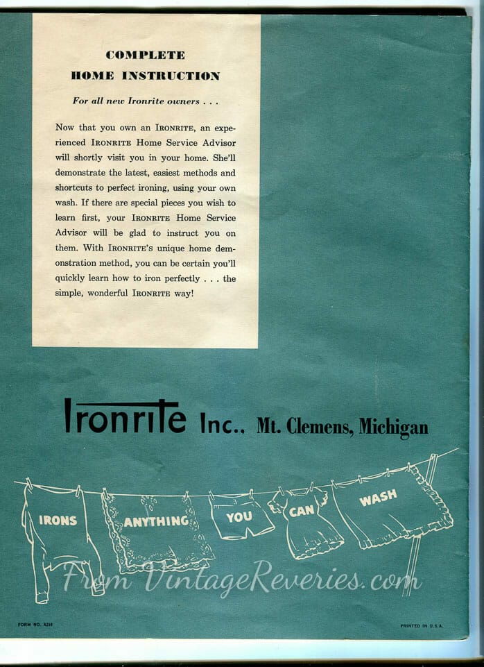 Cover and Envelope of IronRite Ironing Machine Manual